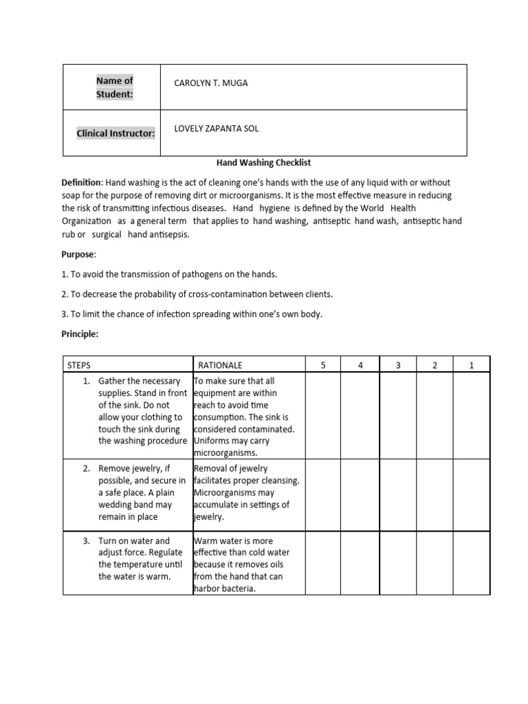 Hand Washing Checklist | PDF | Hand Washing | Hand Hand Washing Checklist | PDF | Hand Washing | Hand