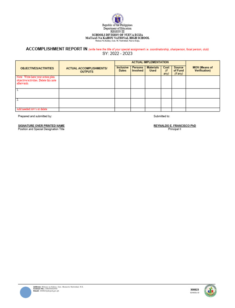 Accomplishment Reports Form | PDF