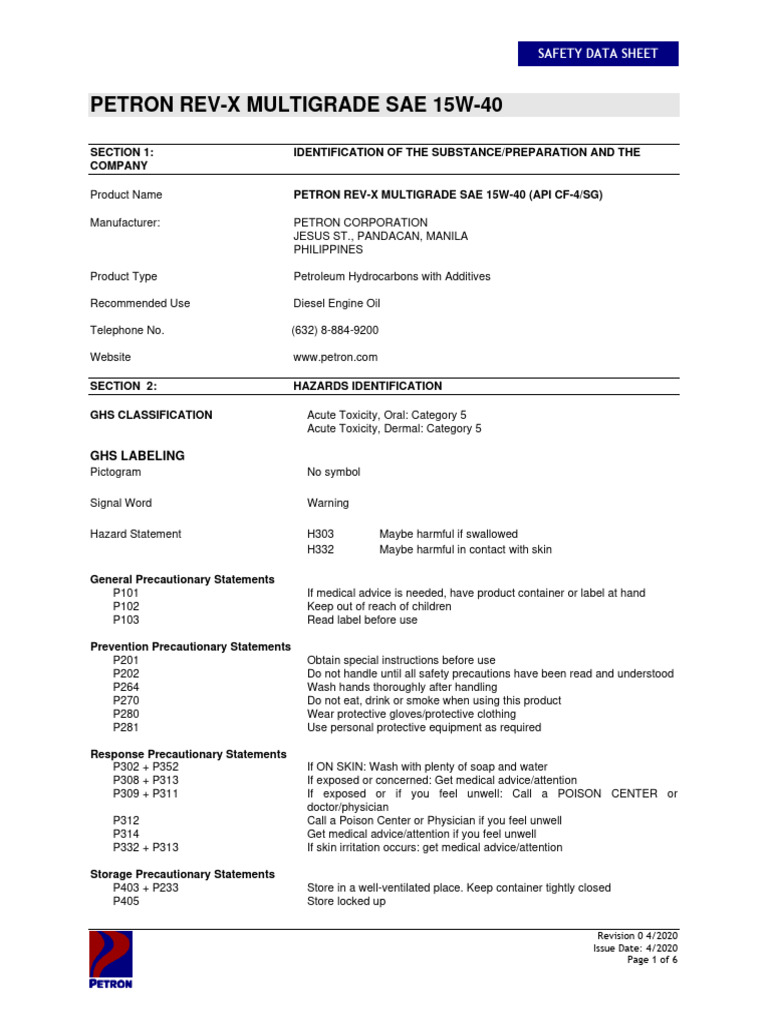 Sds Petron Rev X Multigrade Sae 15w 40 CF 4 SG Rev 0 26apr2020 | PDF ...