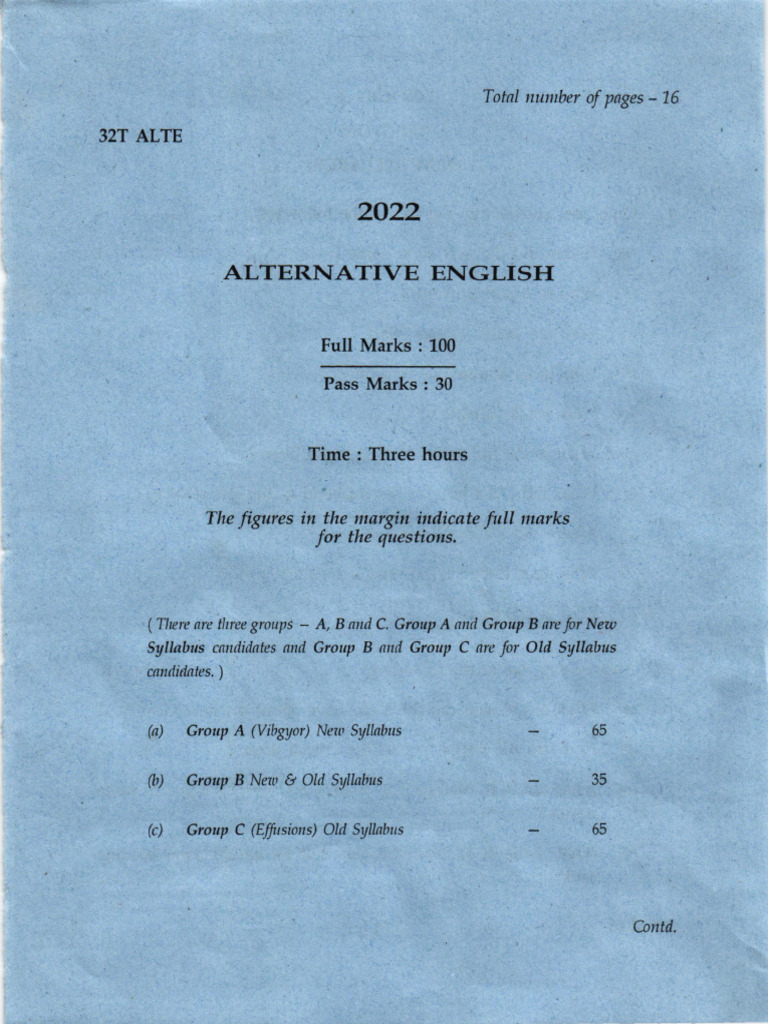 Alternative English H S Final Question Paper 2022 | PDF | Tea