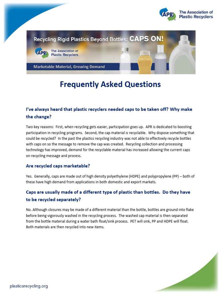 APR Caps On FAQ | PDF | Recycling | Plastic