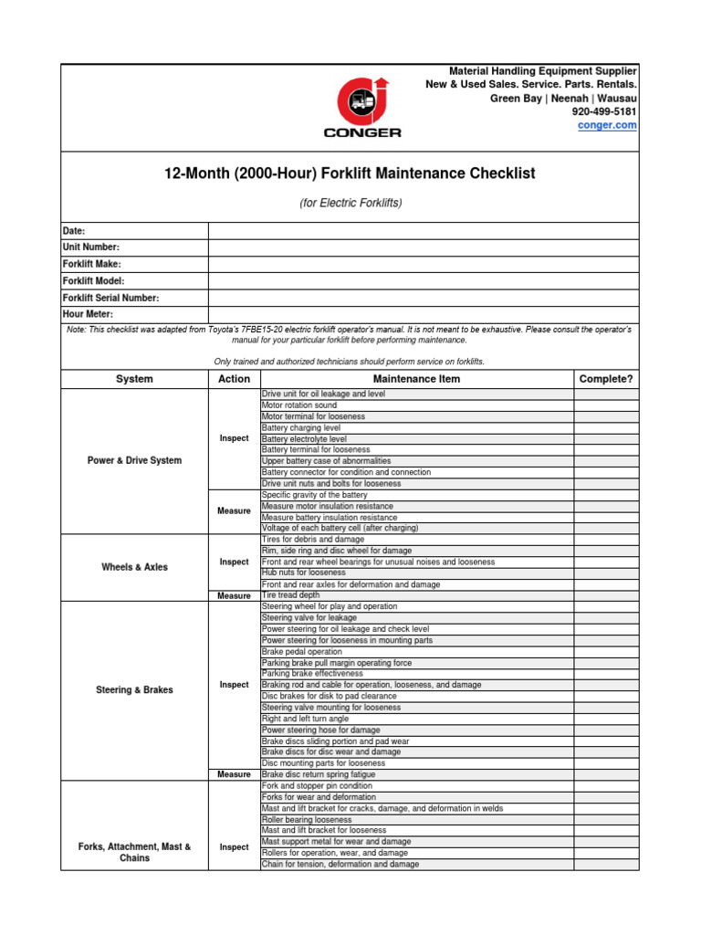 12-Month-2000-Hour-Forklift-Maintenance-Checklist-Electric | Download ...