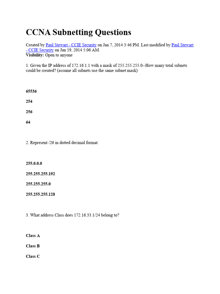 Ccna Subnetting Questions Pdf Ip Address Network Layer Protocols