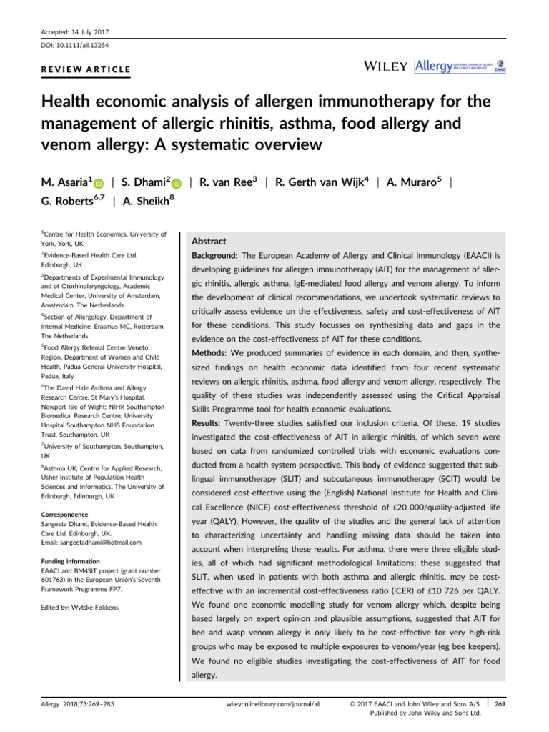 Health Economic Analysis of Allergen Immunotherapy For The Management of Allergic Rhinitis ...