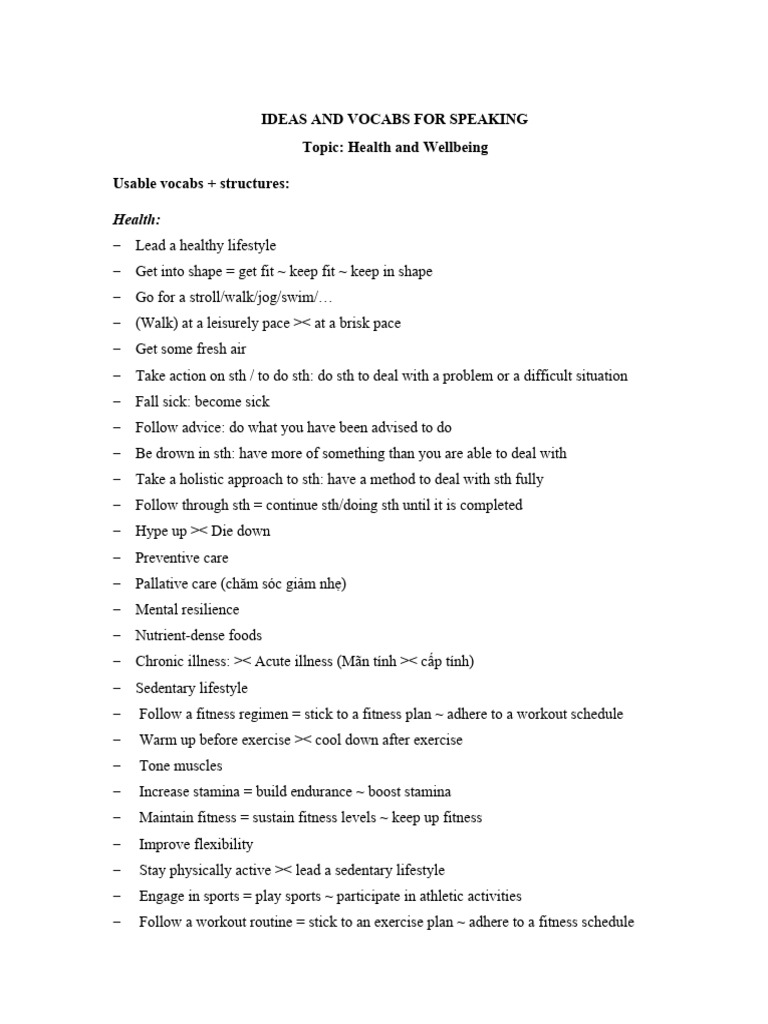 Health and Wellbeing Vocabulary Guide | PDF | Wellness