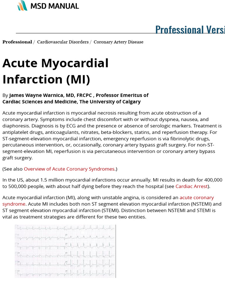 Acute Myocardial Infarction (MI) - Cardiovascular Disorders - MSD Manual Professional Edition ...