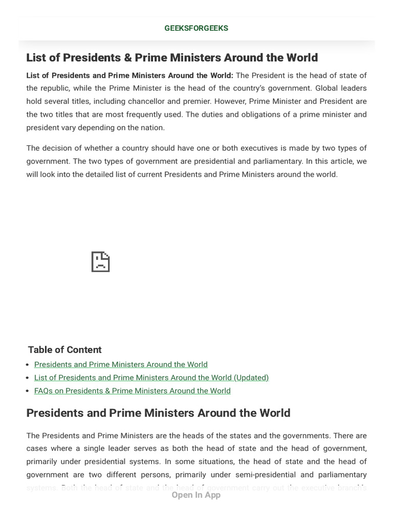 Global Leaders: Presidents & Prime Ministers | PDF | Prime Minister ...
