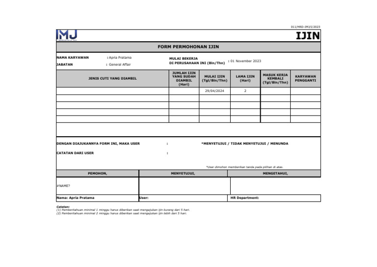 Form Ijin - Imj | PDF