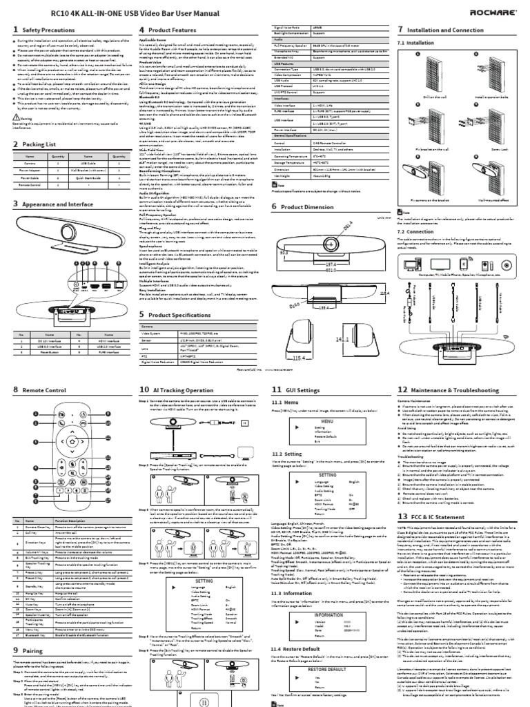 RC10 4K All-in-One USB Video Bar User Manual (ROCWARE，PSE） | PDF | Usb | Hdmi