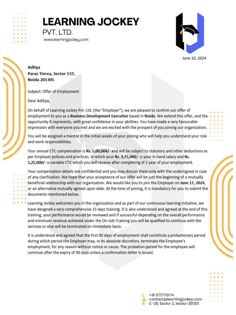 Aditya Offer Letter | PDF | Employment | Salary