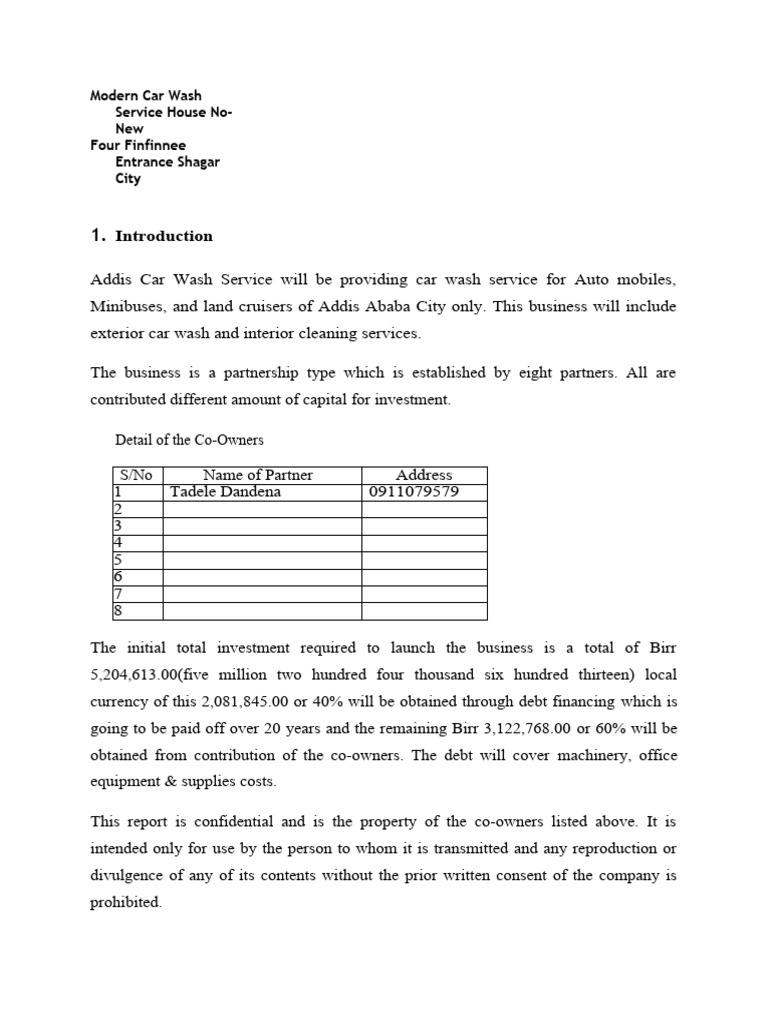 Addis Ababa Modern Car Wash Business Plan | PDF | Car Dealership | Car