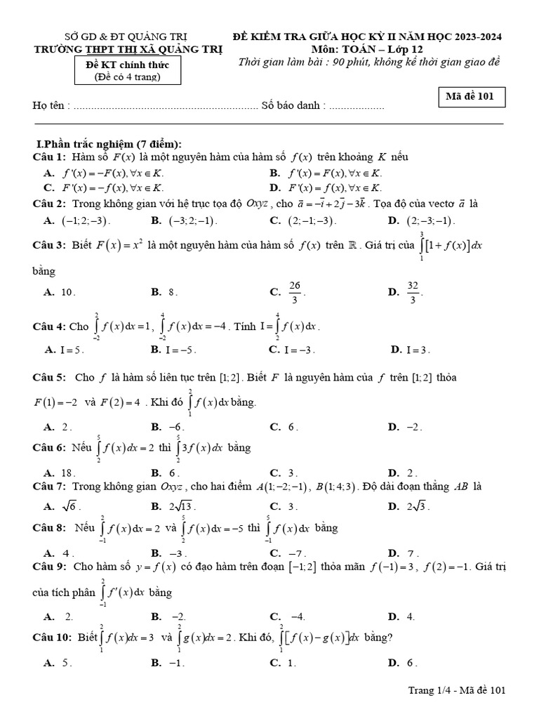 De Giua Hoc Ky 2 Toan 12 Nam 2023 2024 Truong THPT Thi Xa Quang Tri | PDF