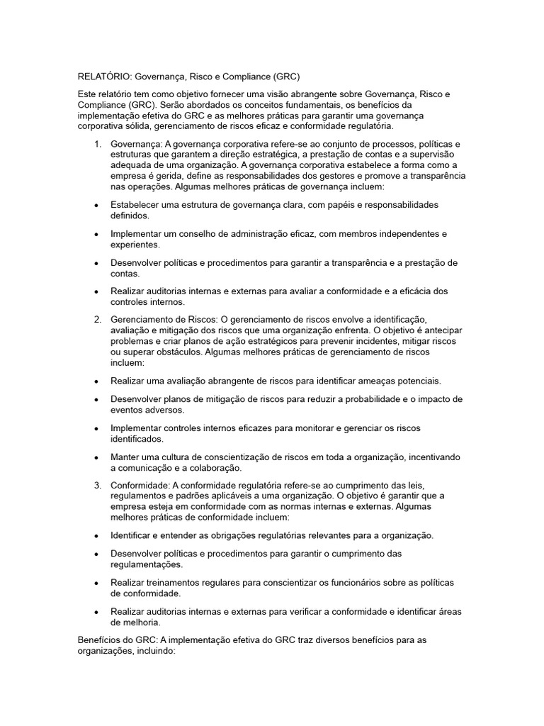 GRC - Gerenciamento de Riscos e Compliance | PDF | Governança ...