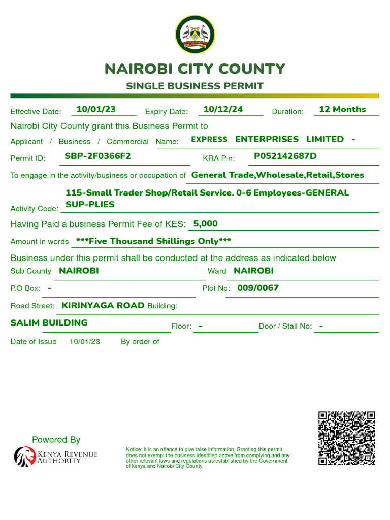 Nairobi Single Business Permit Sample | PDF | Business