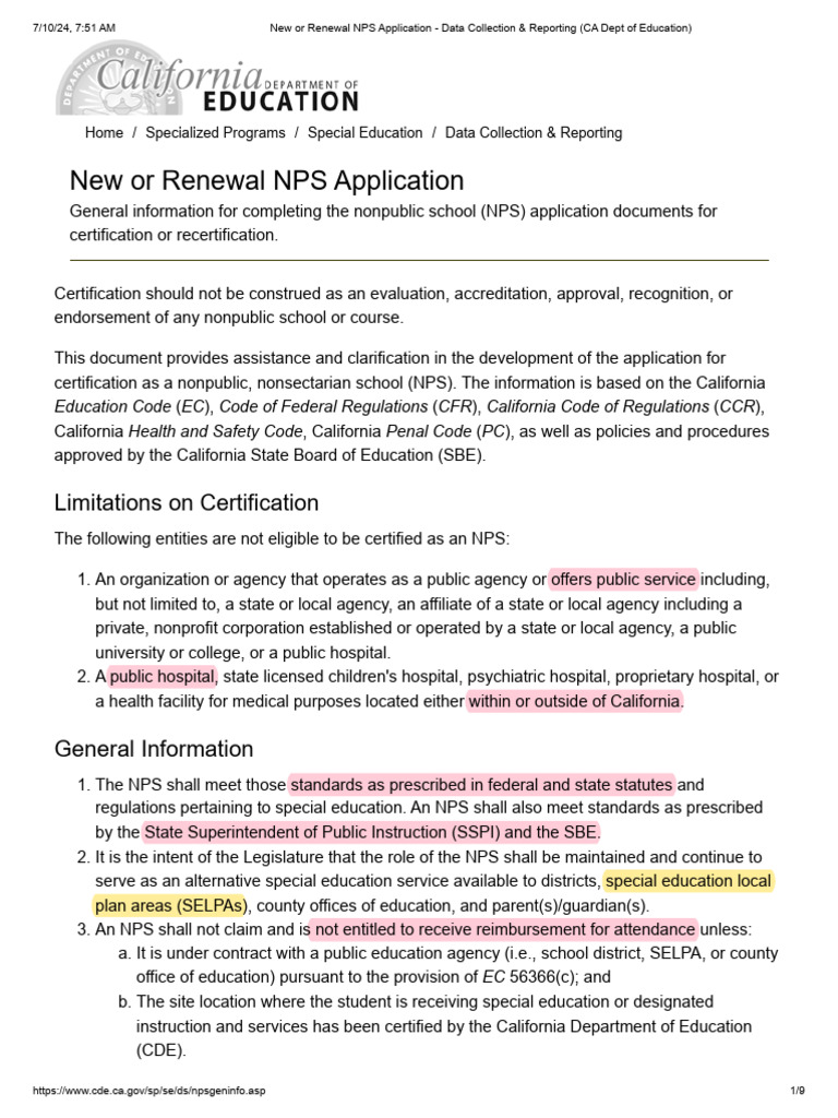 NPS Application Guidelines for Certification | PDF | Special Education | Individualized ...