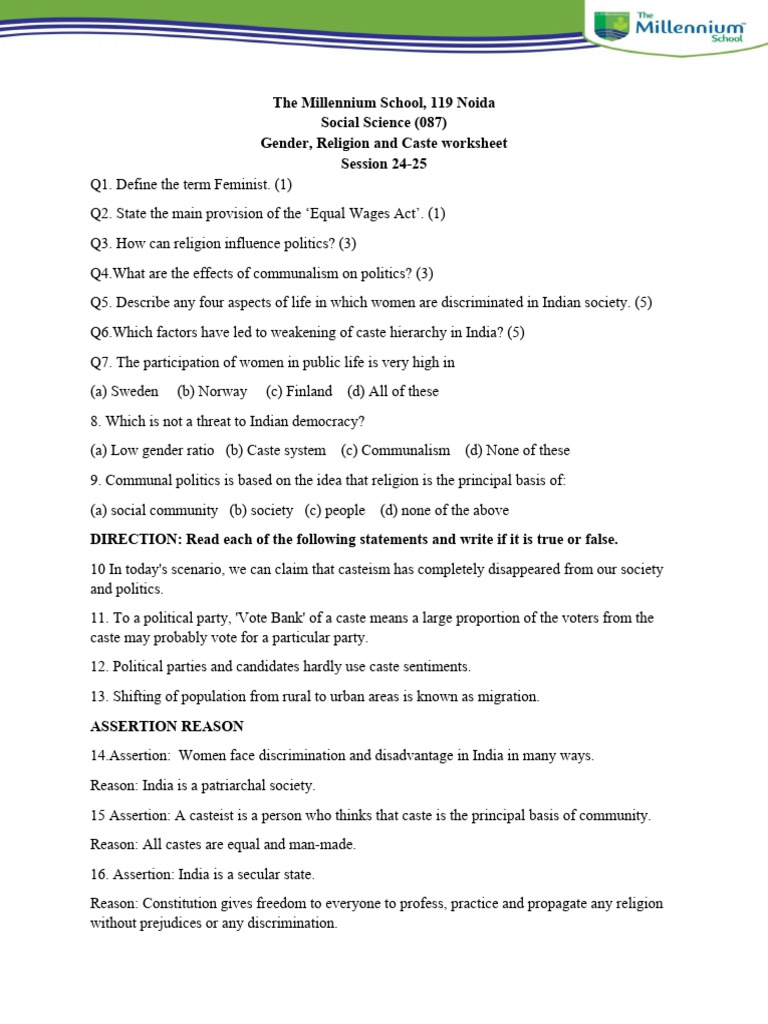 Gender, Religion, and Caste Worksheet | PDF