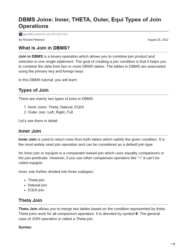 DBMS Joins Inner THETA Outer Equi Types of Join Operations | PDF | Data Model | Databases