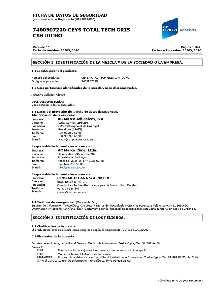 Ficha de Seguridad CEYS Total Tech Gris | PDF | Química