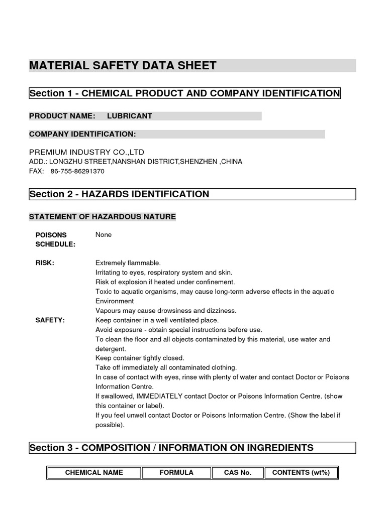 MSDS For LUBRICANT | PDF | Breathing | Water