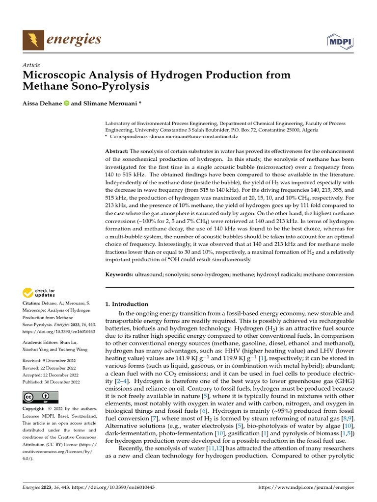 Energies: Microscopic Analysis of Hydrogen Production From Methane Sono ...