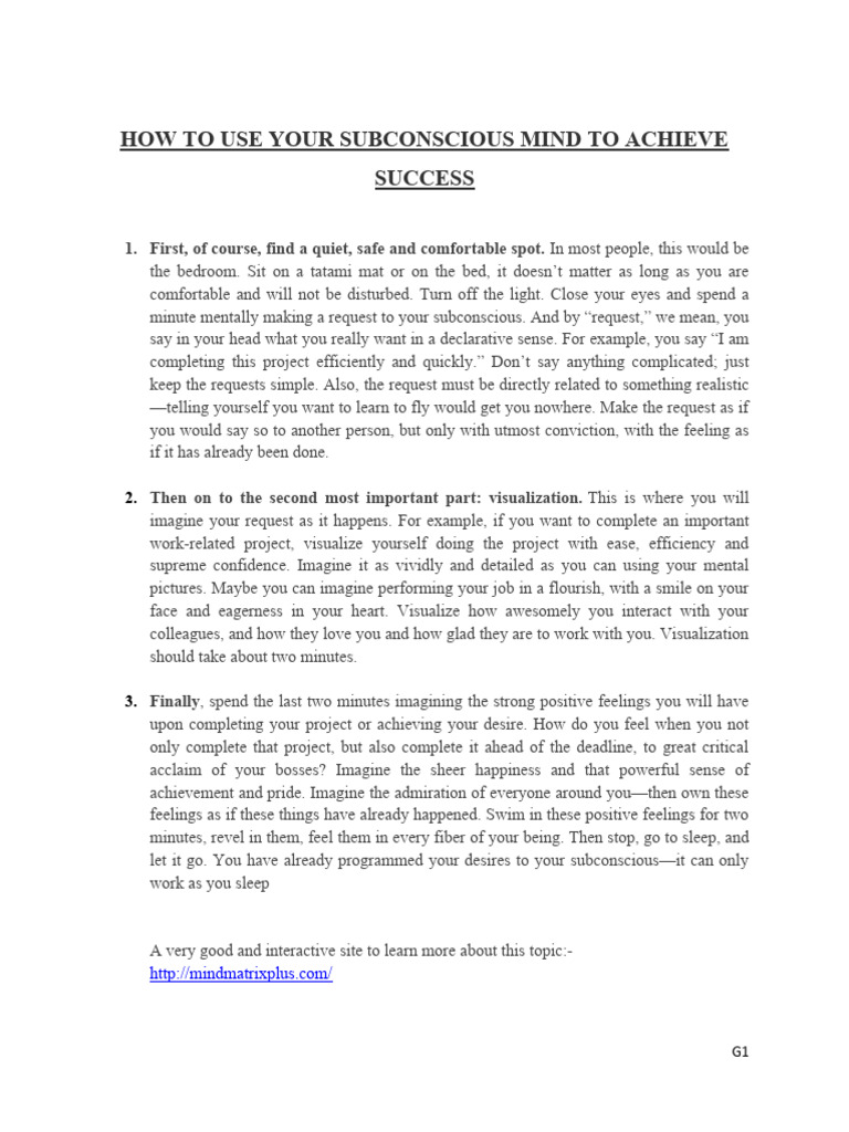 Subconscious Mind Success Techniques | PDF | Self-Improvement