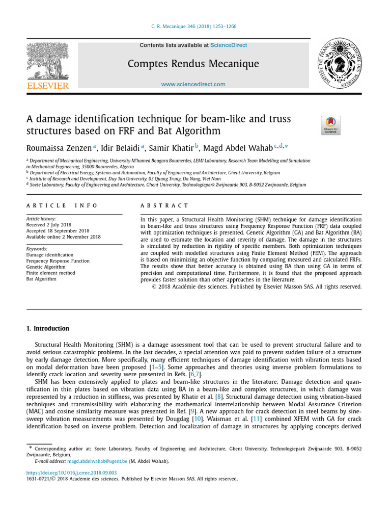 A damage identification technique for beam-like and truss Article ... A damage identification technique for beam-like and truss Article ...