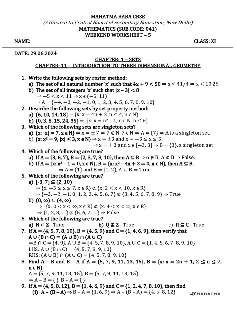 Xi WW-5 Sets, 3D Ans (29.06.2024) | PDF | Mathematics | Secondary Education
