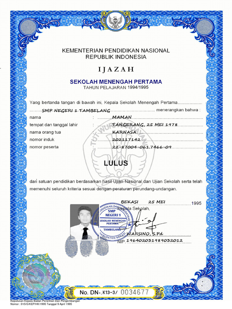 IJAZAH SMP Negeri 1 | PDF