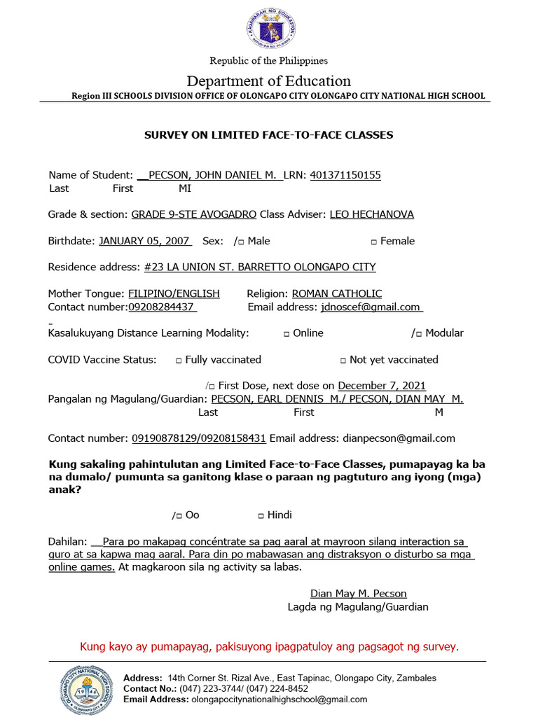 Survey On Limited f2f Classes | PDF