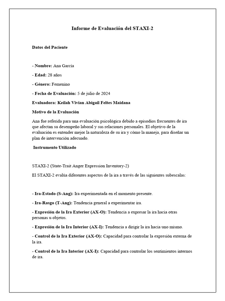 Informe de Evaluación Del STAXI - Abi | PDF | Ira | Terapia de conducta ...