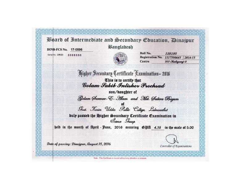 HSC Certificate | PDF