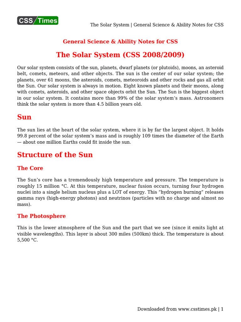Solar System & Sun: CSS Science Notes | PDF | Sun | Solar System