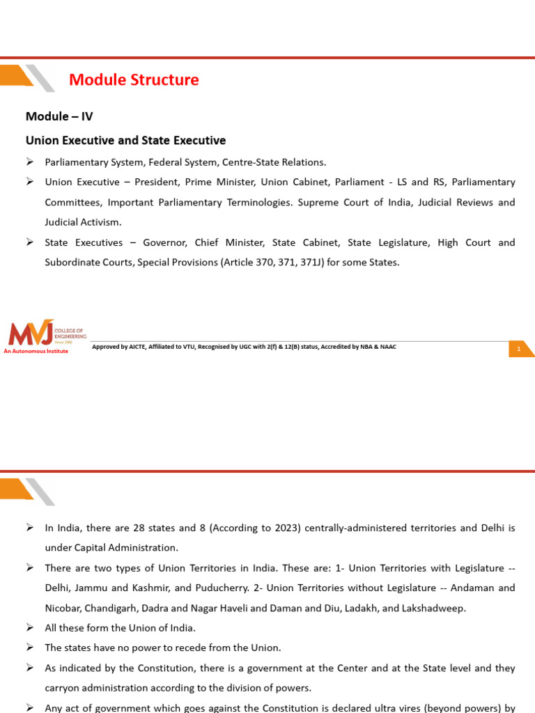 Union and State Executive in India | PDF | Government Institutions ...
