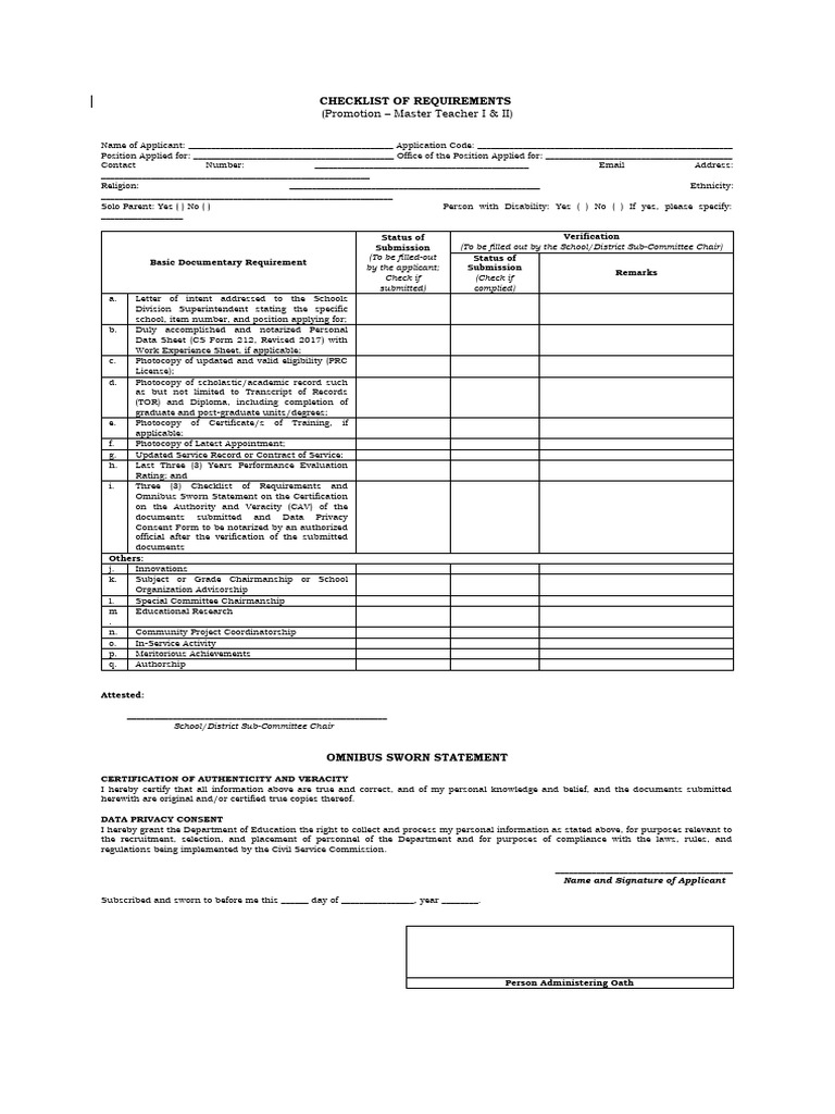 Master Teacher Application Requirements Checklist | PDF | Notary Public ...