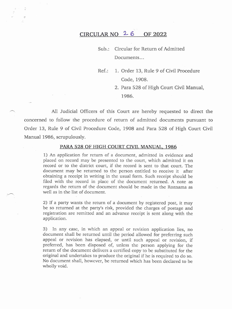 Circular No 26 of 2022 of Circular For Return of Admitted Documents | PDF