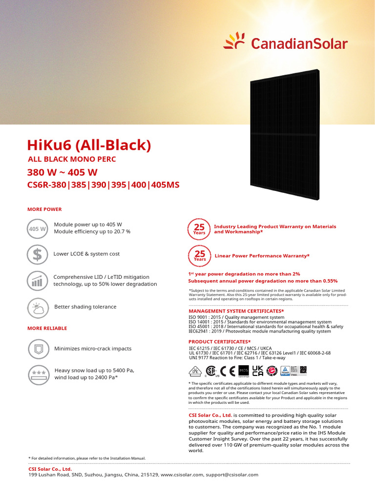 CS Datasheet HiKu6All Black CS6R MS v2.31C25 en 25y | PDF | Solar Panel ...