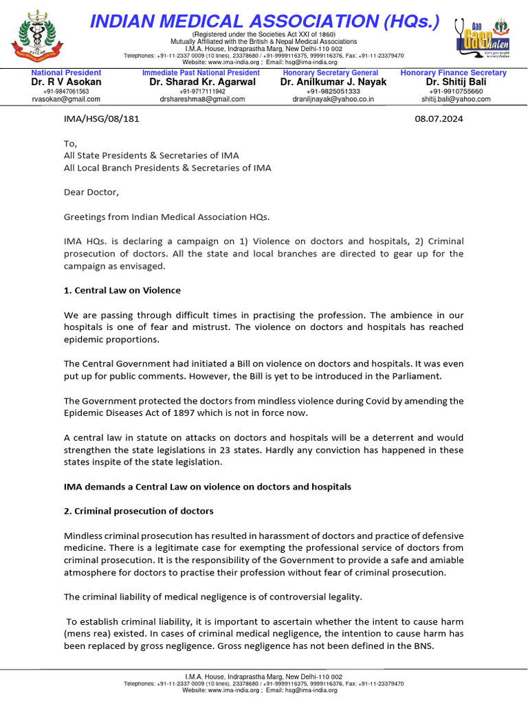 Letter Regarding JUSTICE FOR DOCTORS Campaign by IMA | PDF | Mens Rea ...