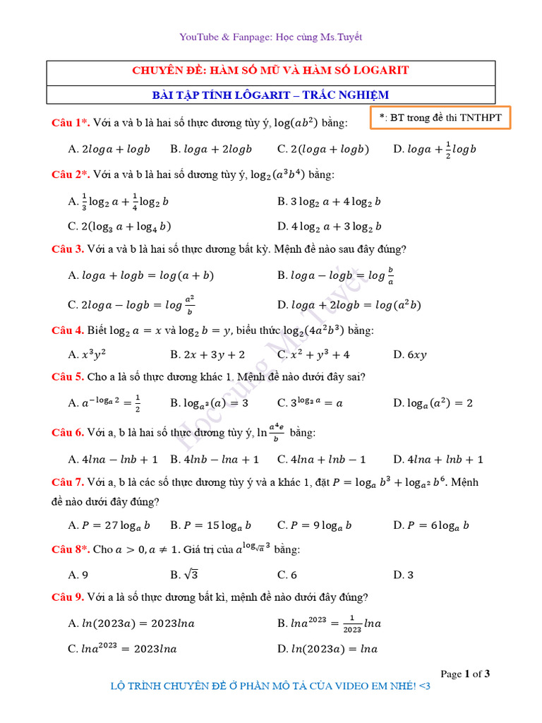 Toán 12&11CTM. LOGA. Tiết 4. Lôgarit - trắc nghiệm | PDF