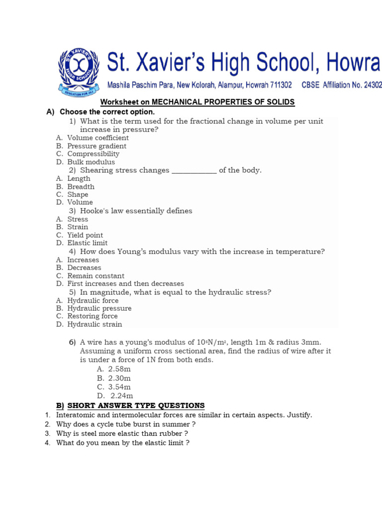 Class11 Worksheet | PDF | Yield (Engineering) | Elasticity (Physics)