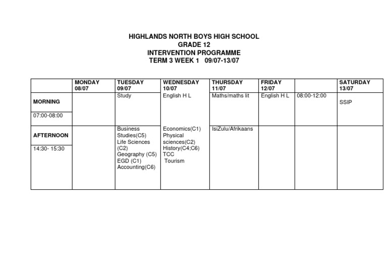 Grade 12 Week 1 Term 3 Extra Lessons Time Table | PDF