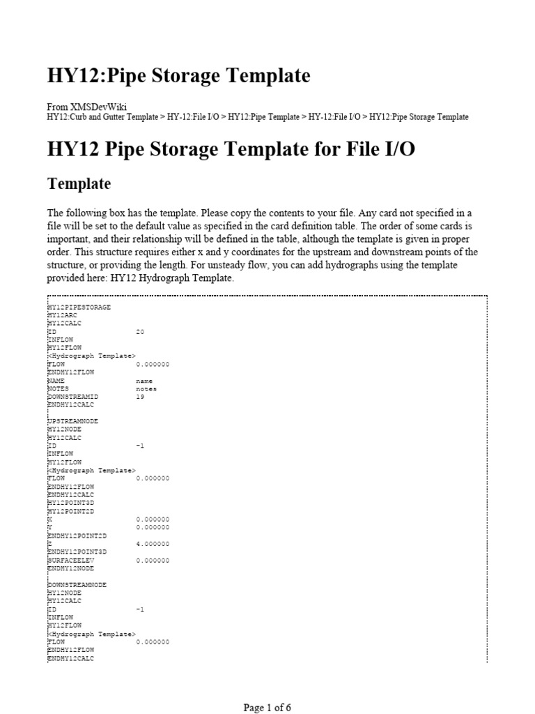HY12 Pipe Storage Template | PDF | Parameter (Computer Programming) | Discharge (Hydrology)