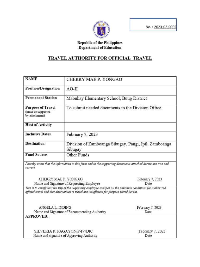 Travel Authority For Official Travel DO 043 S 2022 2 | PDF