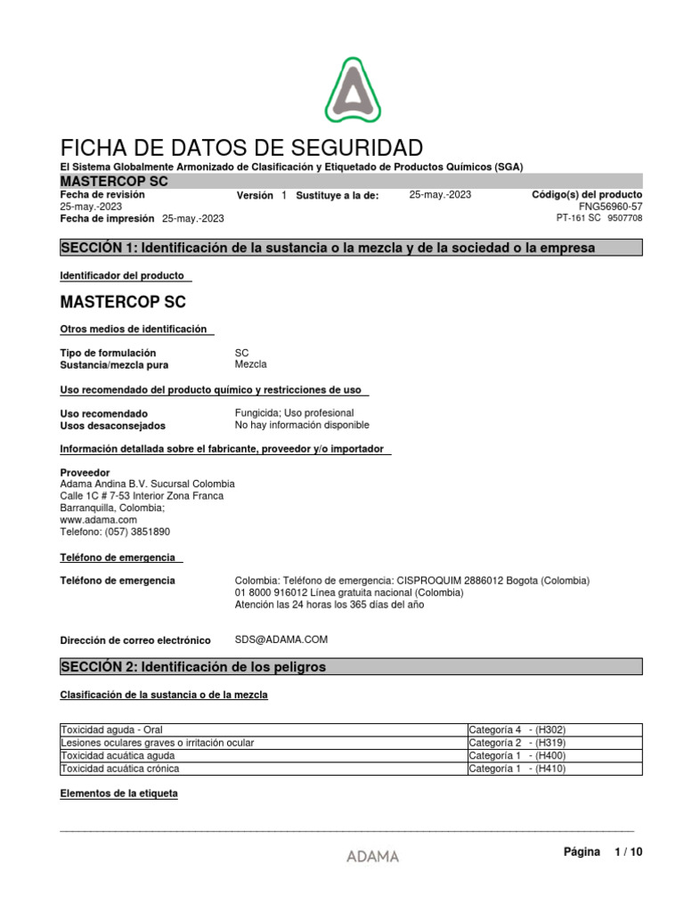 SDS Mastercop SC | PDF | Agua | Toxicidad