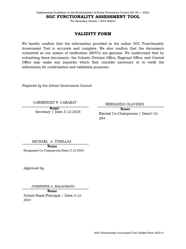 SGC Functionality Assessment Tool Validity Form 2023.v1 | PDF ...