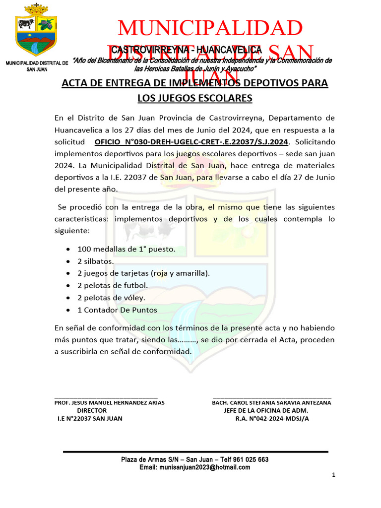 Acta de Implementos Deportivos | PDF