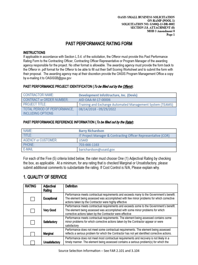 OASIS Small Business Past Performance Form | PDF