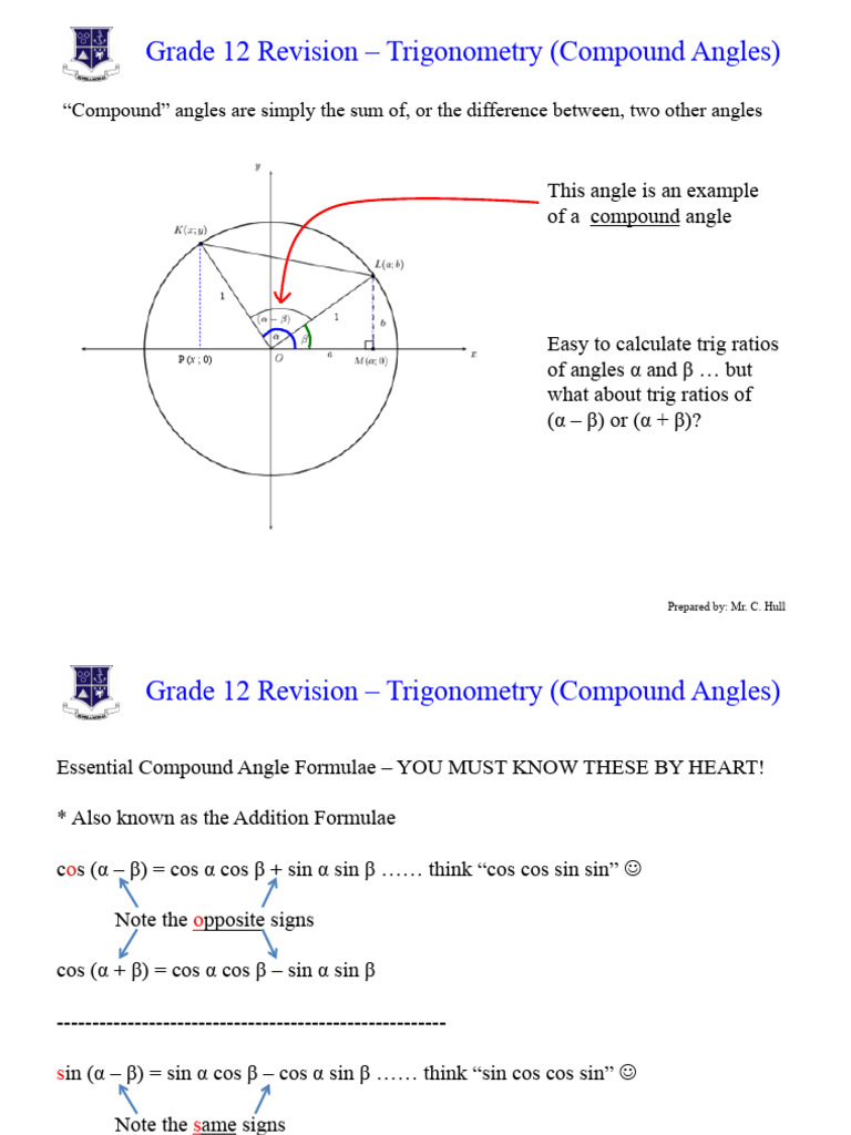 Grade 12 Revision - Compound Angles (copier friendly) | PDF ...