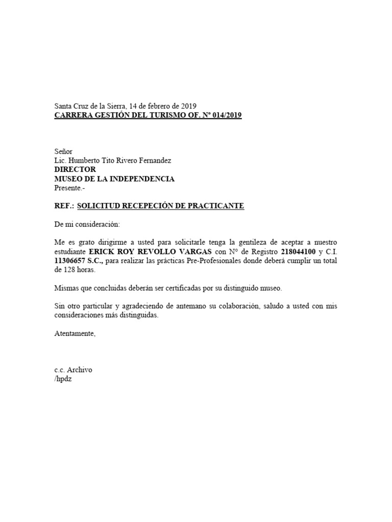 014, Lic. Humberto Tito Rivero Museo de La Independencia Solicitud Recepcion de Practicante Est ...