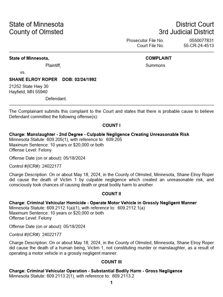 Shane Roper - Criminal Complaint | PDF | Arrest Warrant | Manslaughter