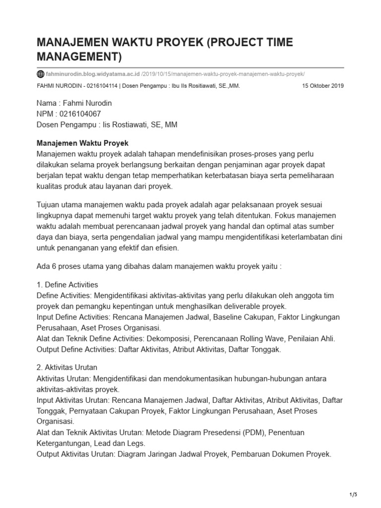 Fahminurodin - Blog.widyatama - Ac.id-Manajemen Waktu Proyek Project Time Management | PDF ...